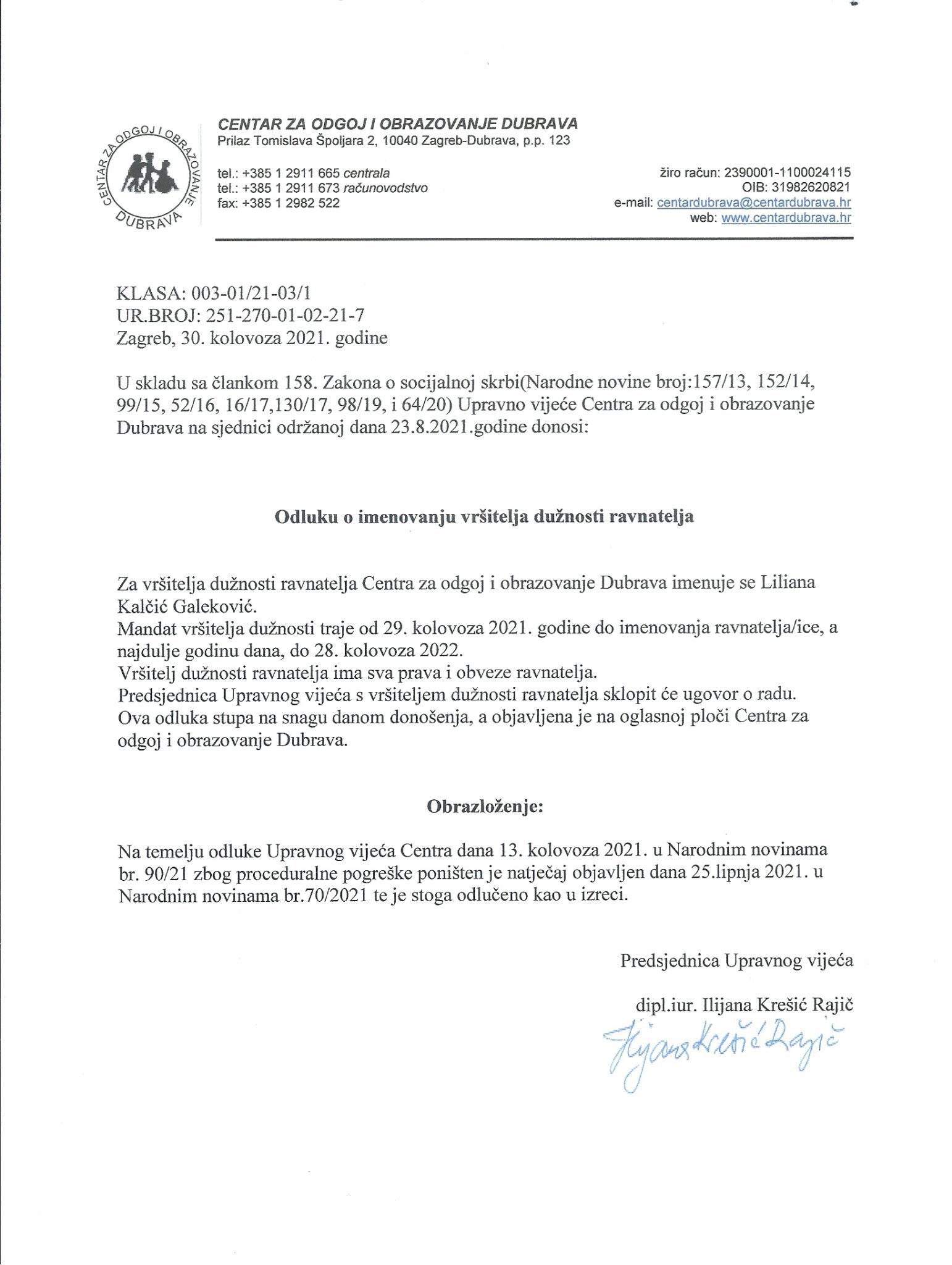 Odluka O Imenovanju Vr itelja Du nosti Ravnatelja CENTAR ZA ODGOJ I Odluka O Imenovanju Vr itelja Du nosti Ravnatelja CENTAR ZA ODGOJ I